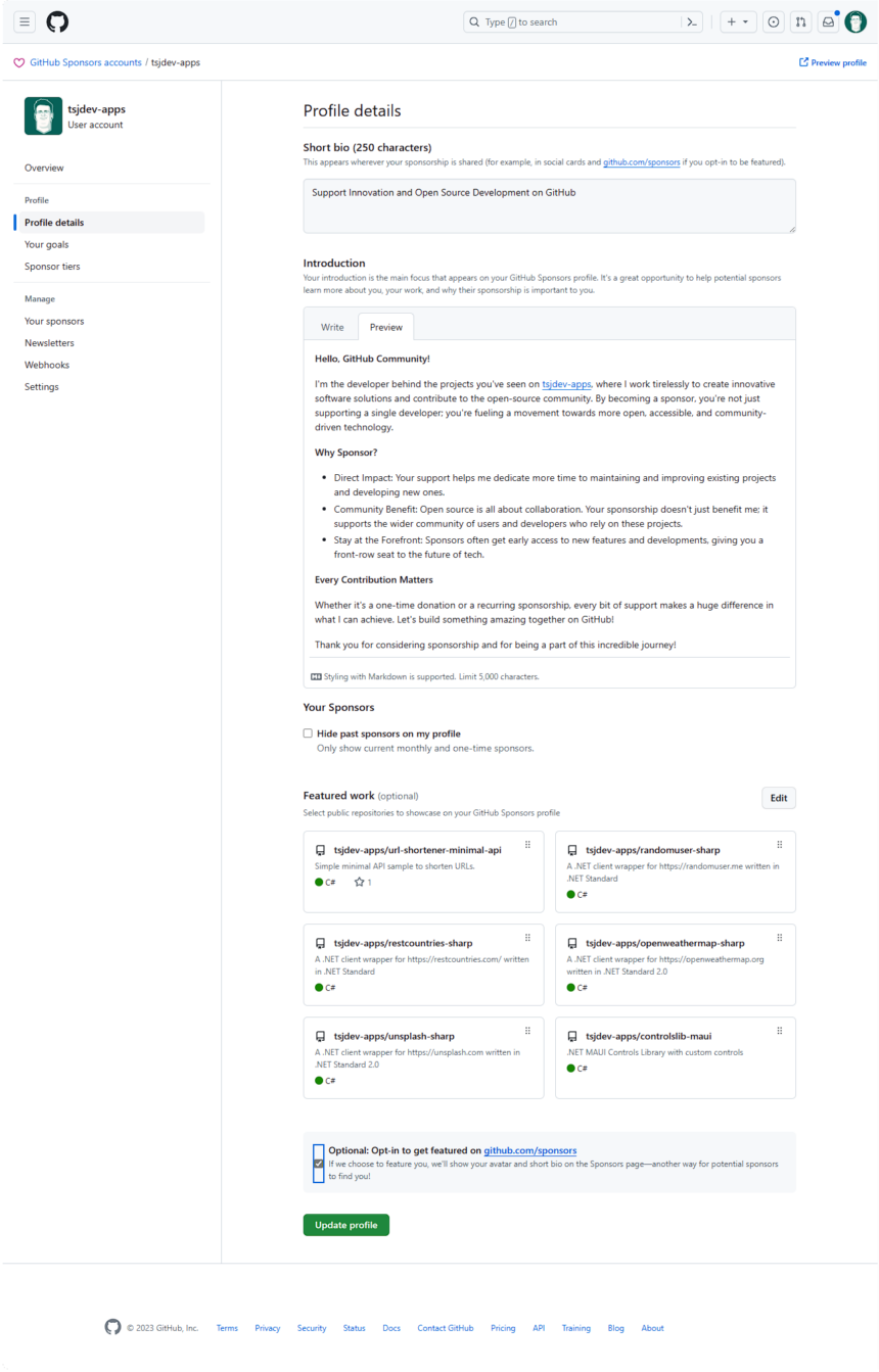 Einrichten von GitHub Sponsors für ein persönliches Konto « tsjdevapps